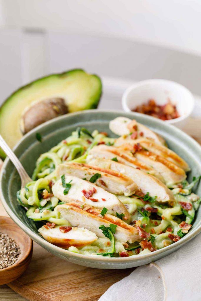 Avocado Alfredo Zucchini Pasta with Grilled Chicken and Bacon - Healthy ...